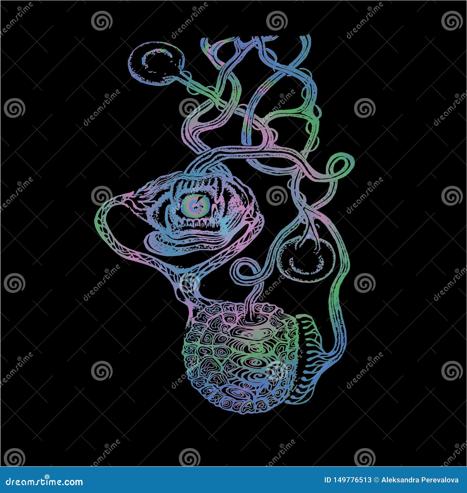 Gradient Illustration of a Psychedelic Motif. Eye, Jaw, Turtle Armor ...