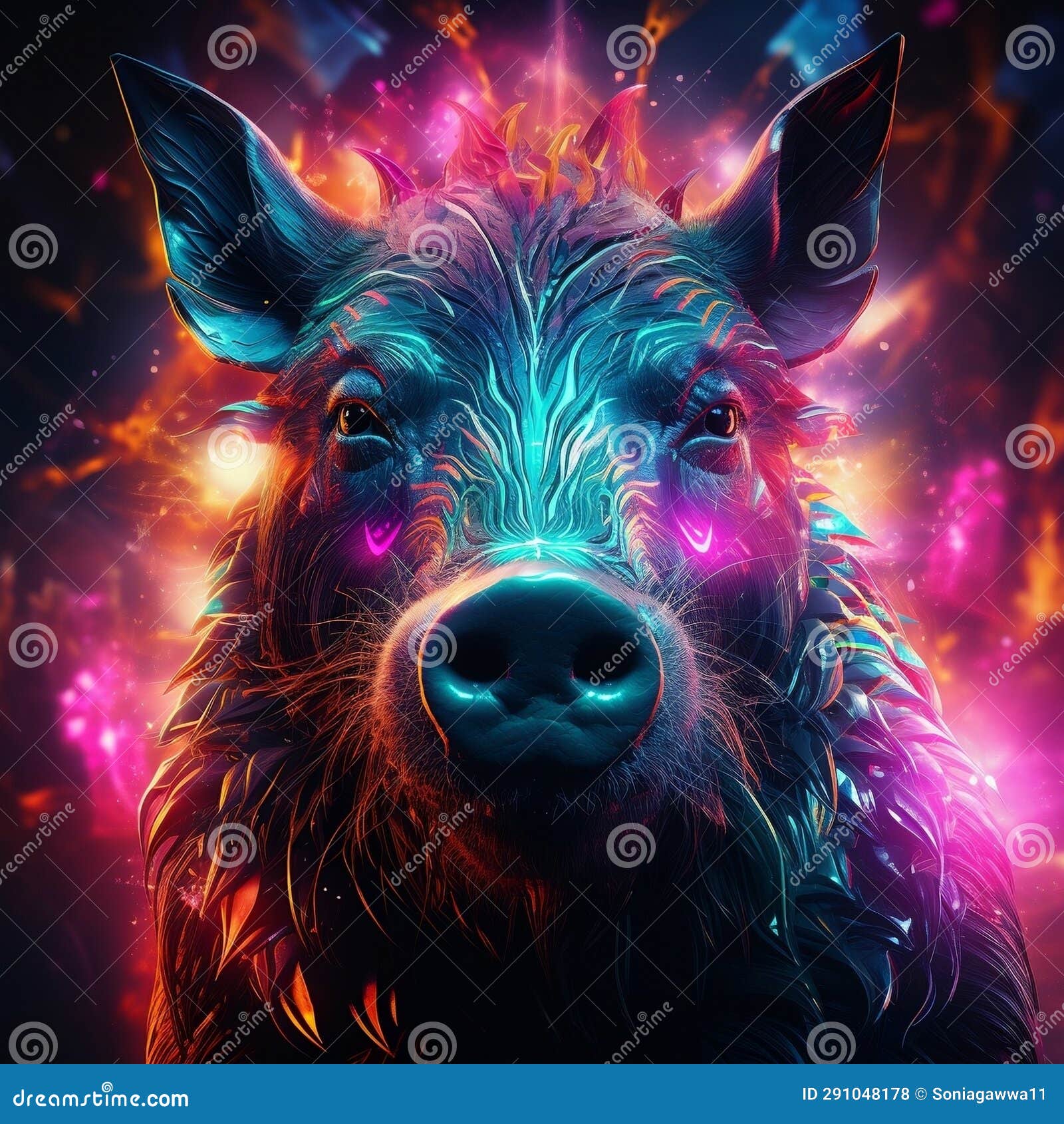 A Neon-infused Close-up Shot of a Boar, Radiating with Synthwave Colors ...