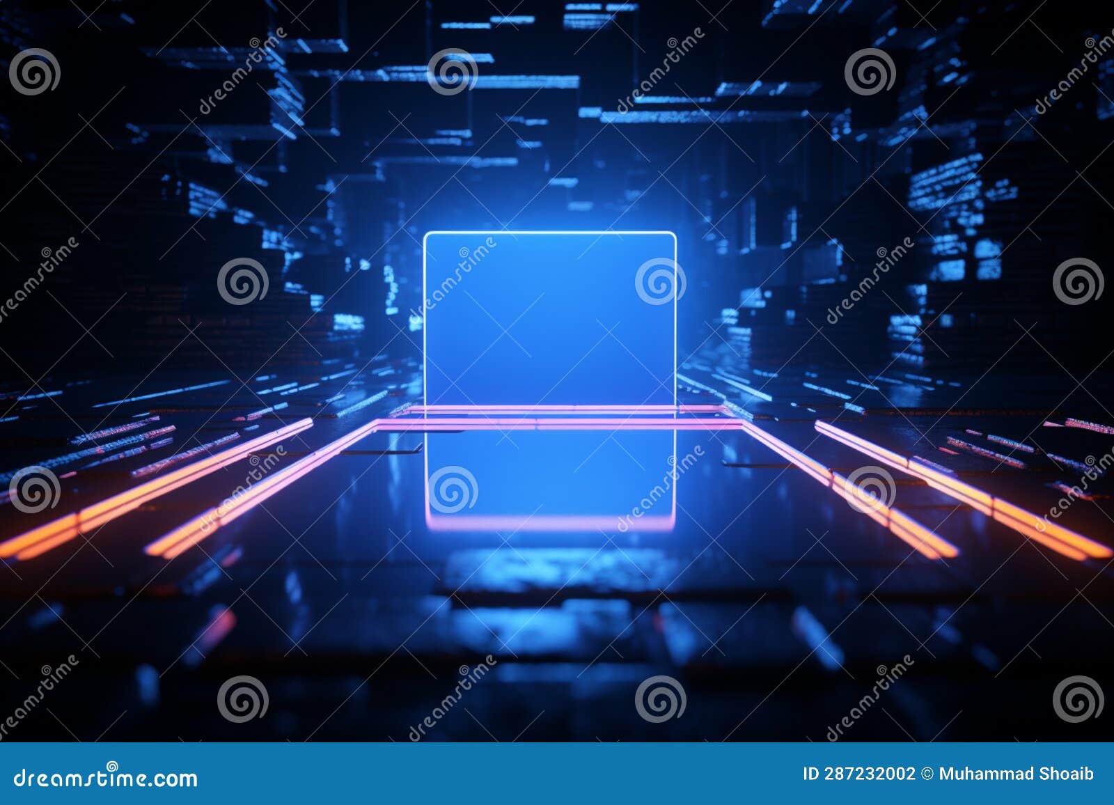 Neon-infused Fantasy: 3D Abstract Realm Hosts A Flying Blue Neon Frame ...