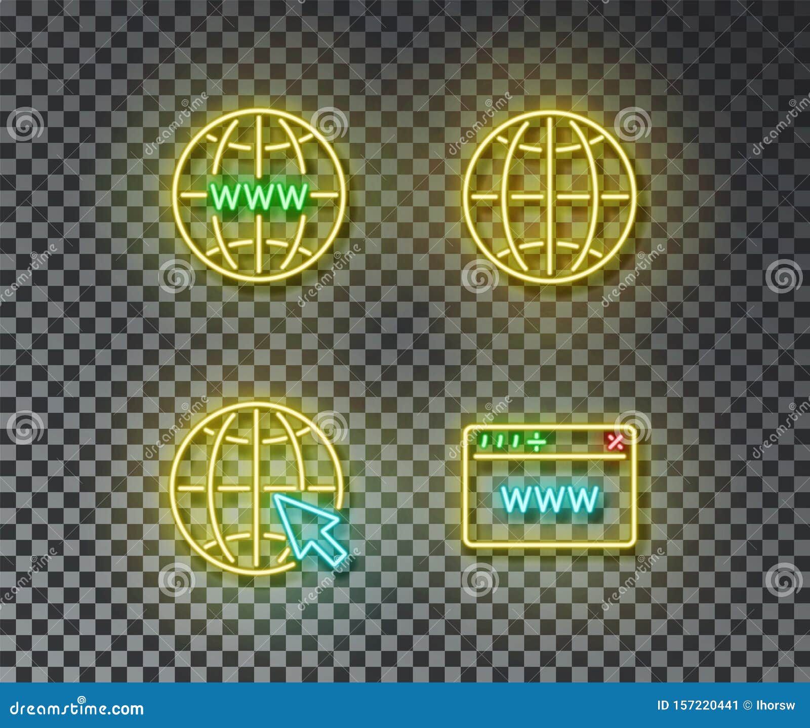 Neon Internet Signs Vector Isolated on Brick Wall. Network, Global ...