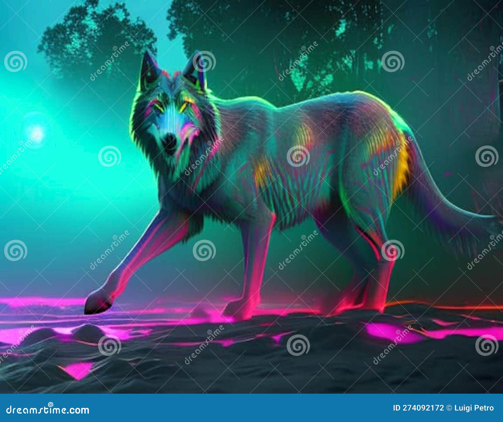 Neon Iridescent Psychedelic Portrait of a Wolf. Stock Illustration ...