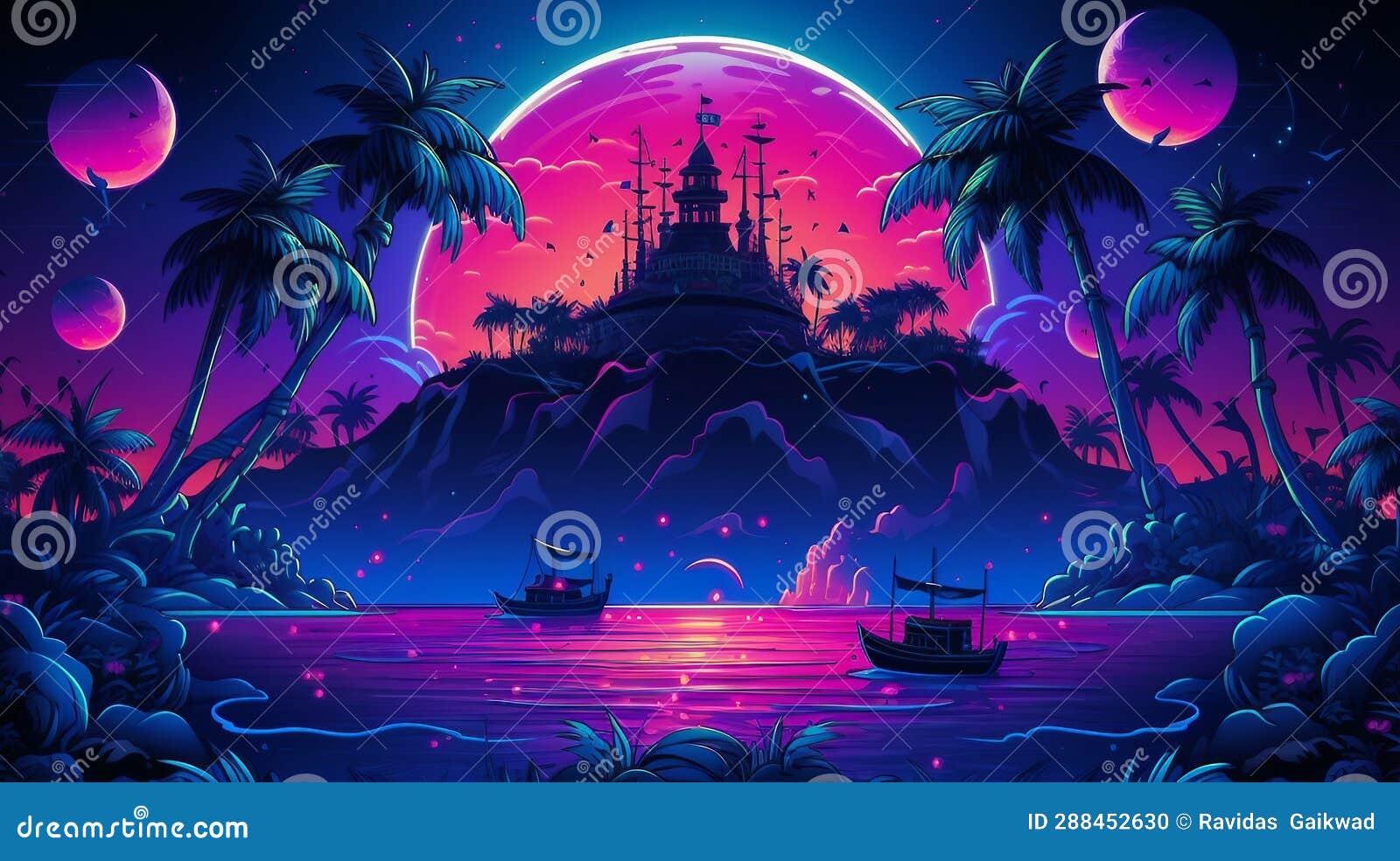 Neon Island with Palm Trees and Castle Illustration AI Generated Stock ...