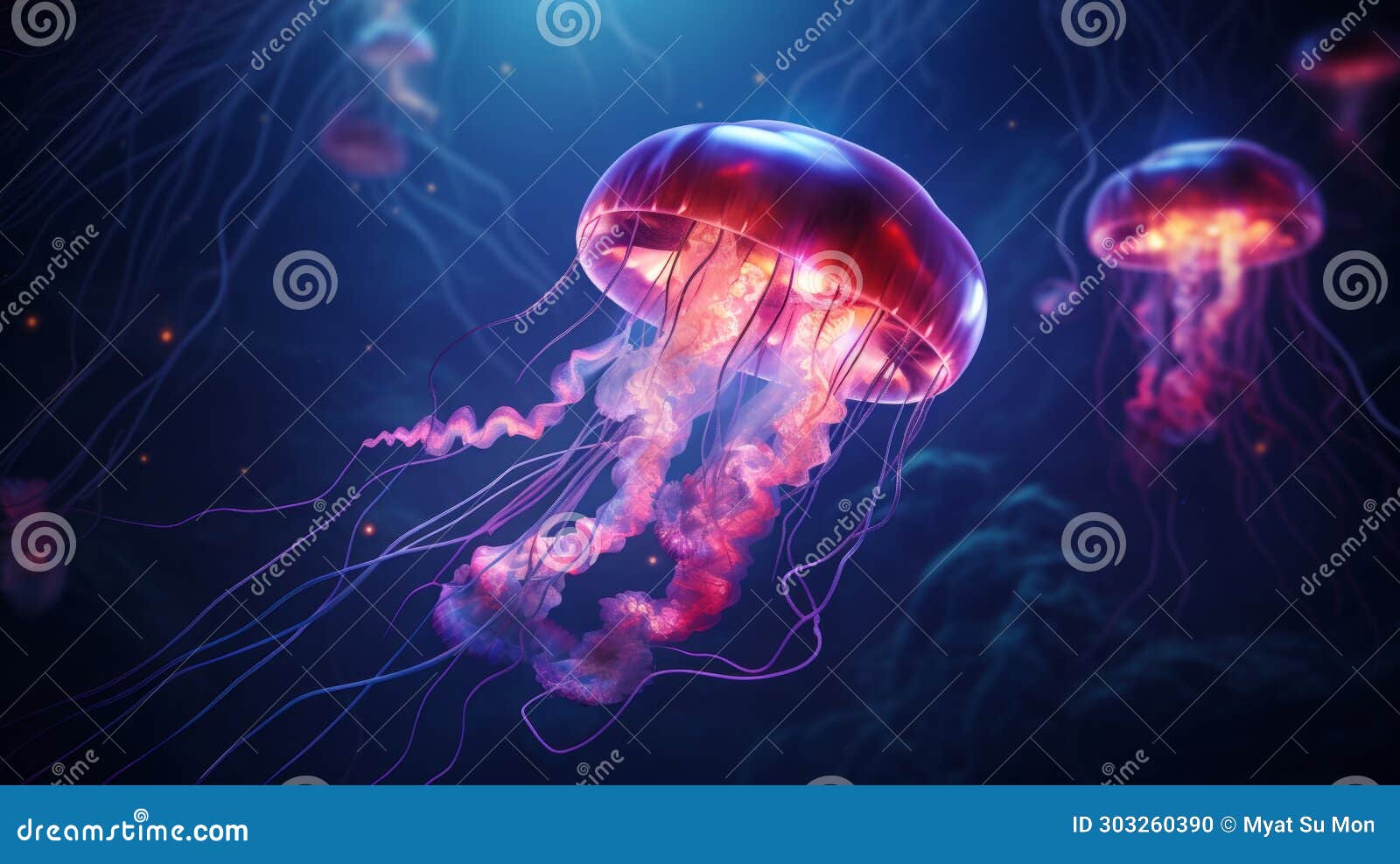Neon Jellyfish 3D Wallpaper Stock Illustration - Illustration of dark ...