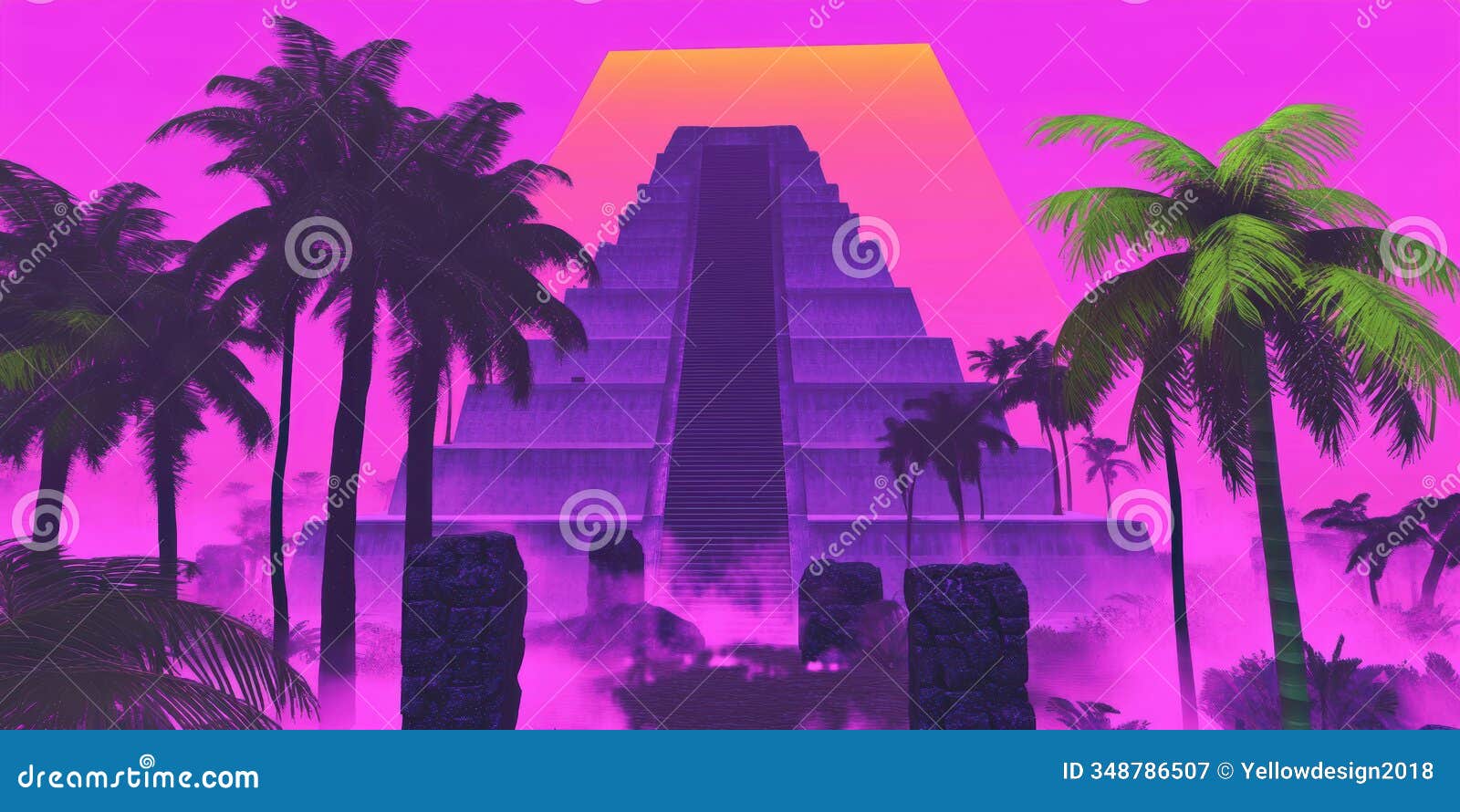 Neon Jungle Pyramid with Palm Trees at Sunset in Vaporwave Style Stock ...