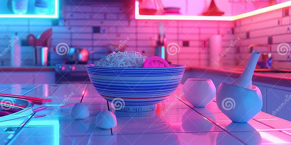 Neon Kitchen Scene with Noodles and Geometric Objects Stock ...
