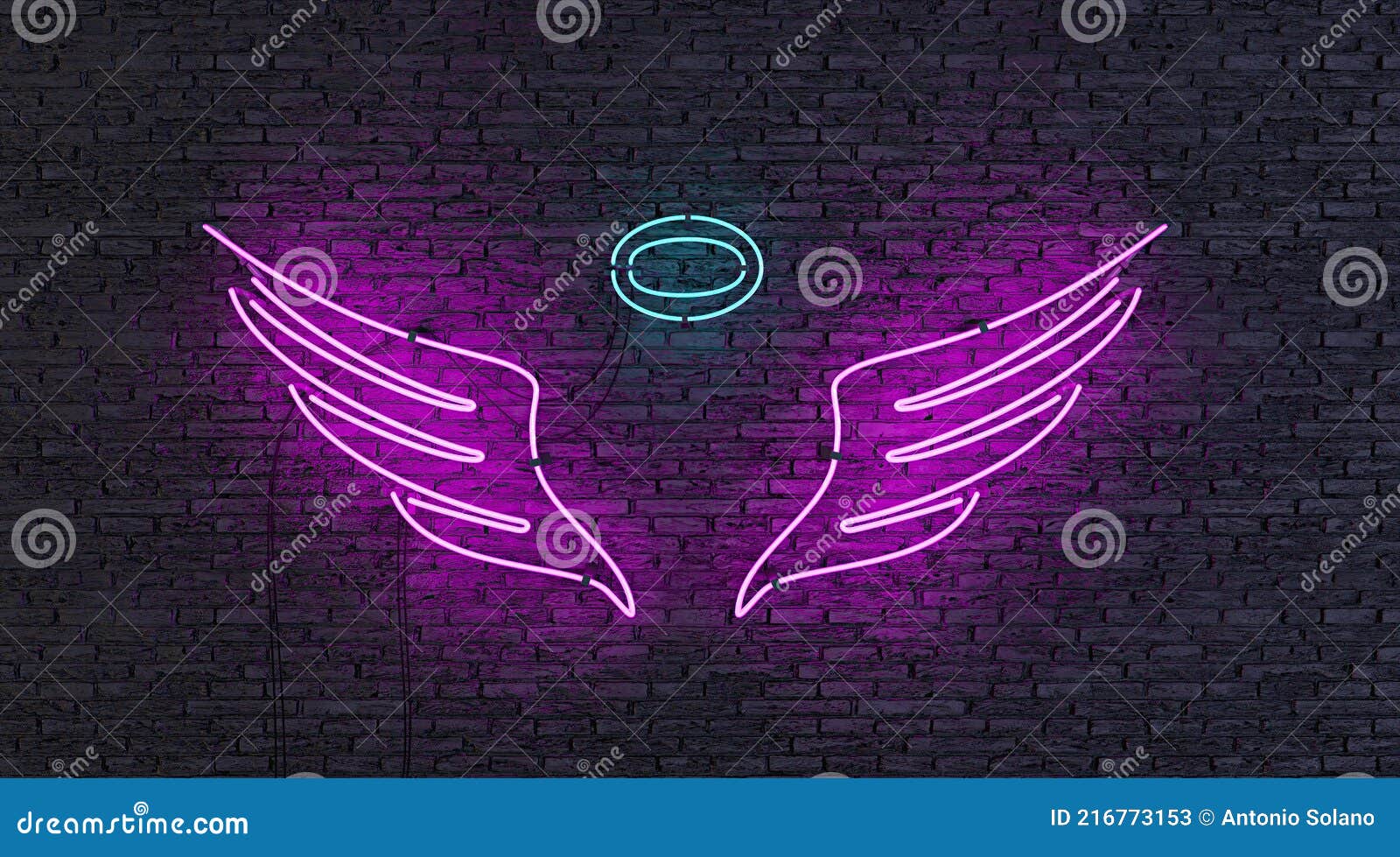 Neon Lamp with Angel Shape on Brick Wall Stock Illustration ...