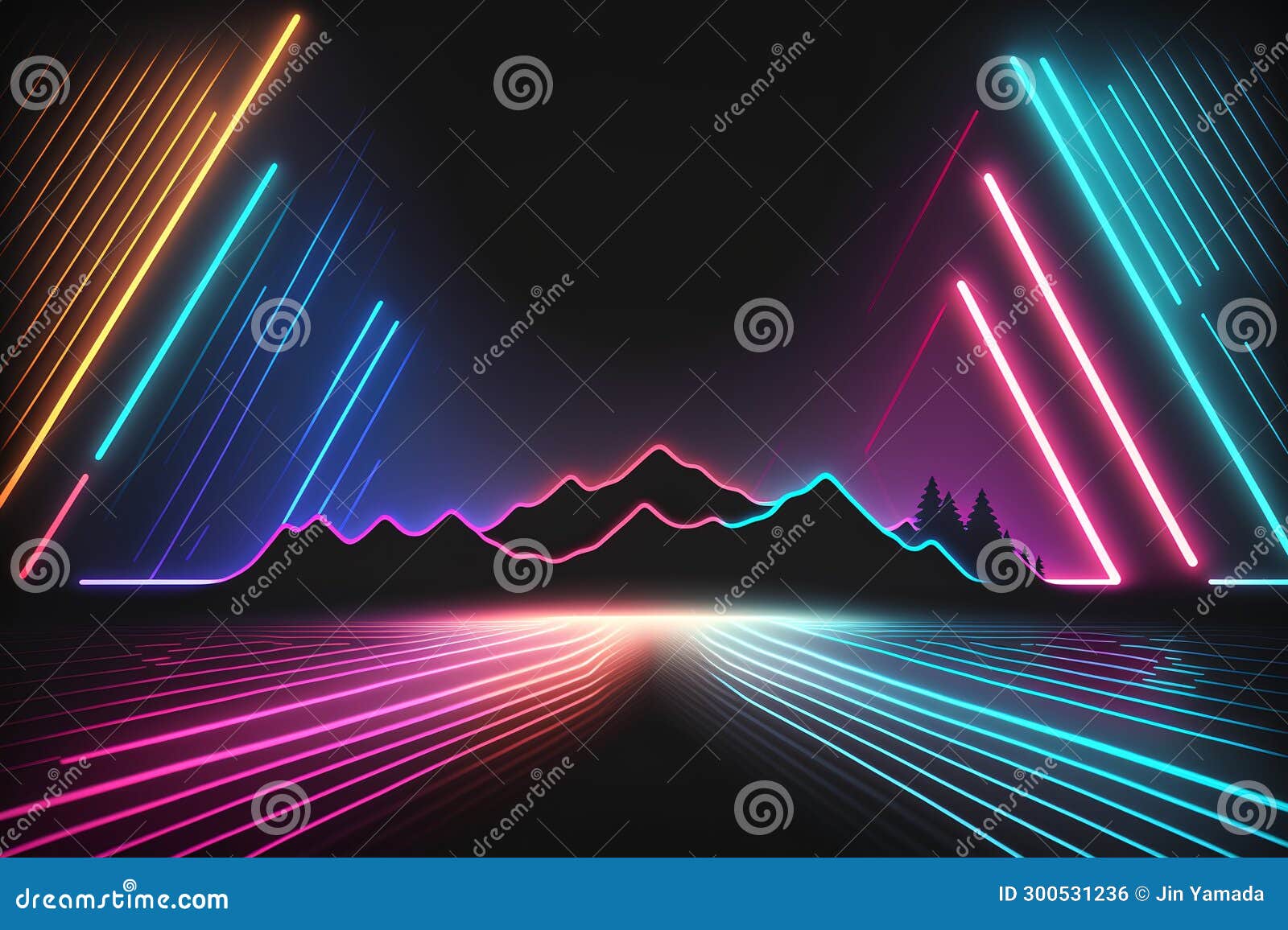 Neon Landscape with Mountains, Neon Lights, Night View. Vector ...