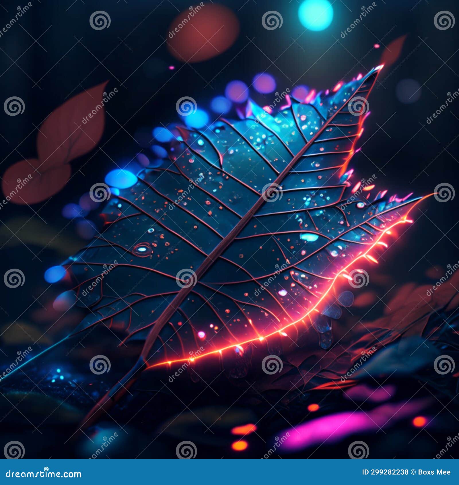 Neon Leaf with Bokeh Effect. 3D Rendering Stock Illustration ...