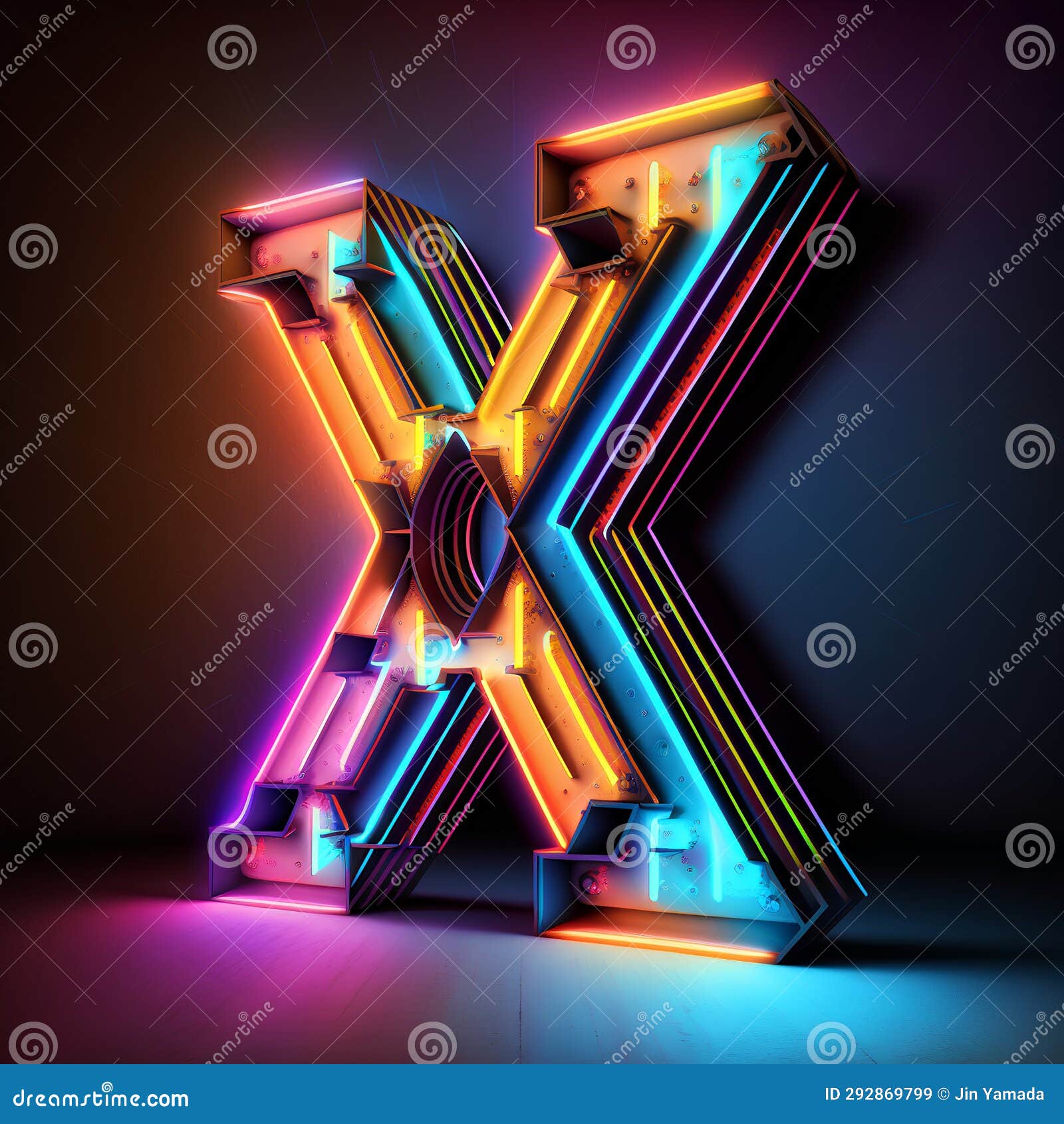 Neon Letter X in Dark Room, 3d Render, Square Image Stock Illustration ...