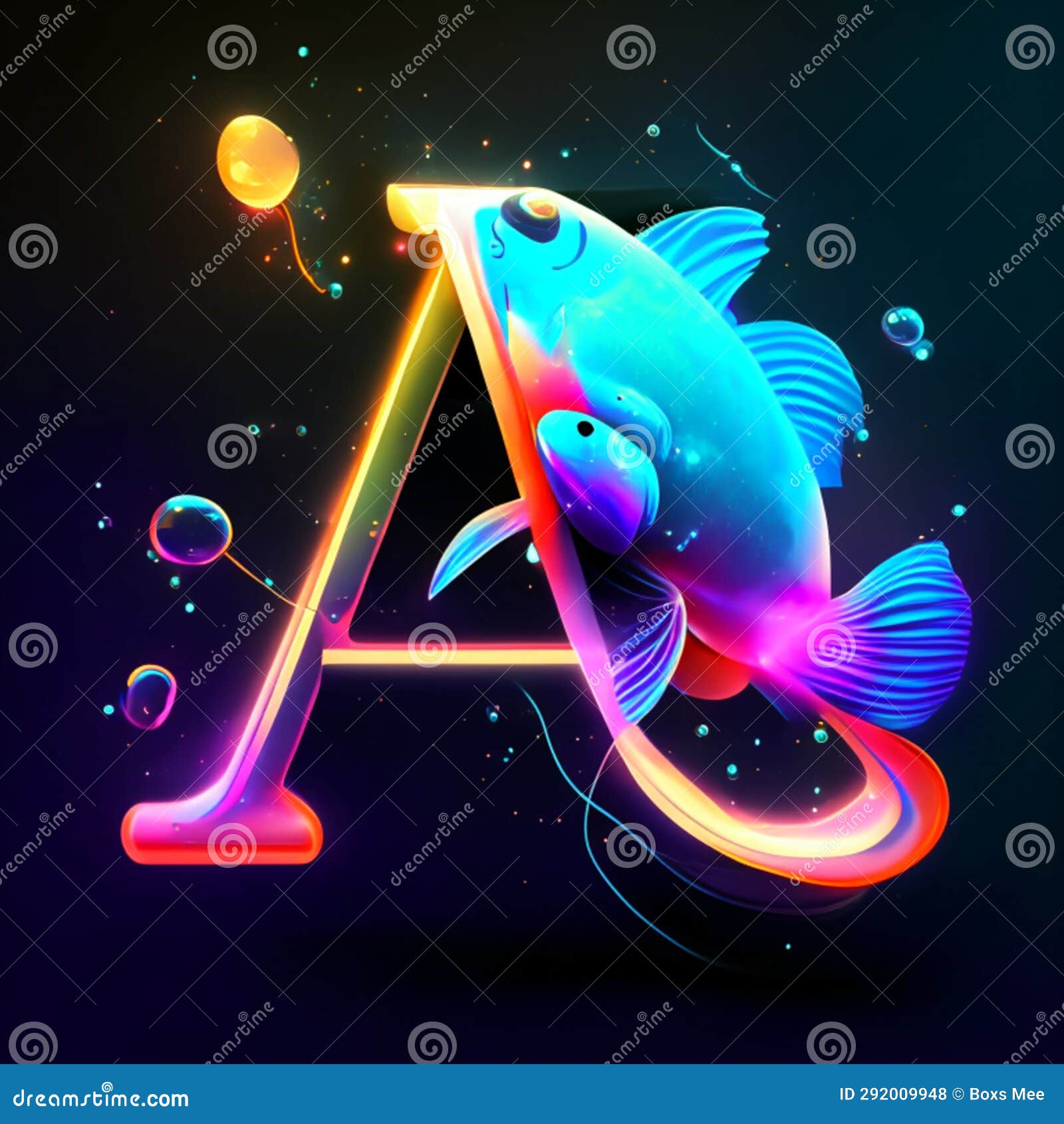 Neon Letter a with Fish and Bubbles. Vector Illustration for Your ...