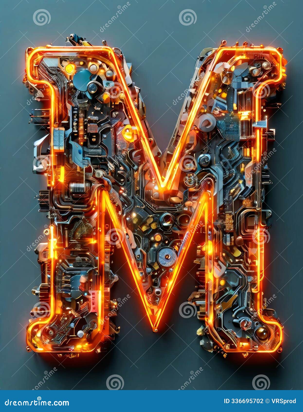 Neon Letter "M" with Glowing Circuits and Mechanical Elements Stock ...