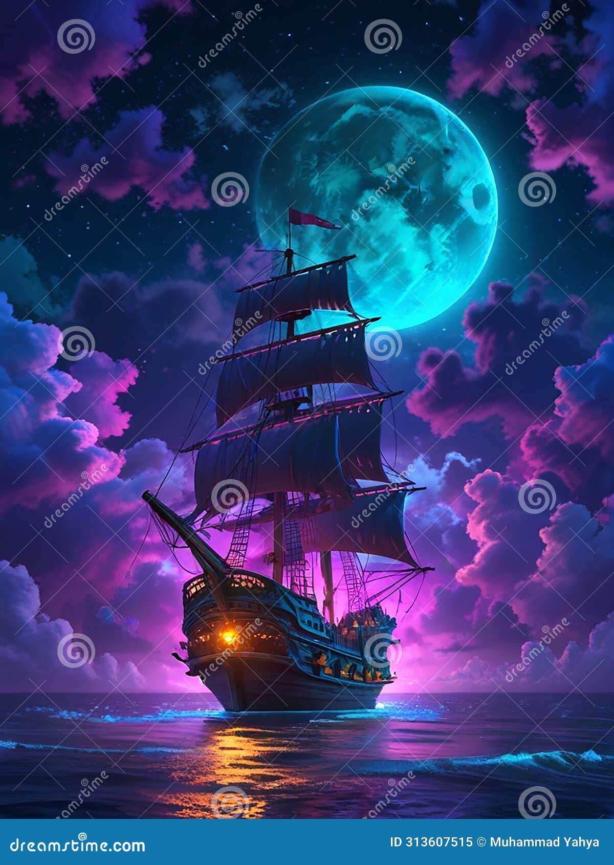 Neon Light Art, a Ship in the Dark of Night Stock Illustration ...