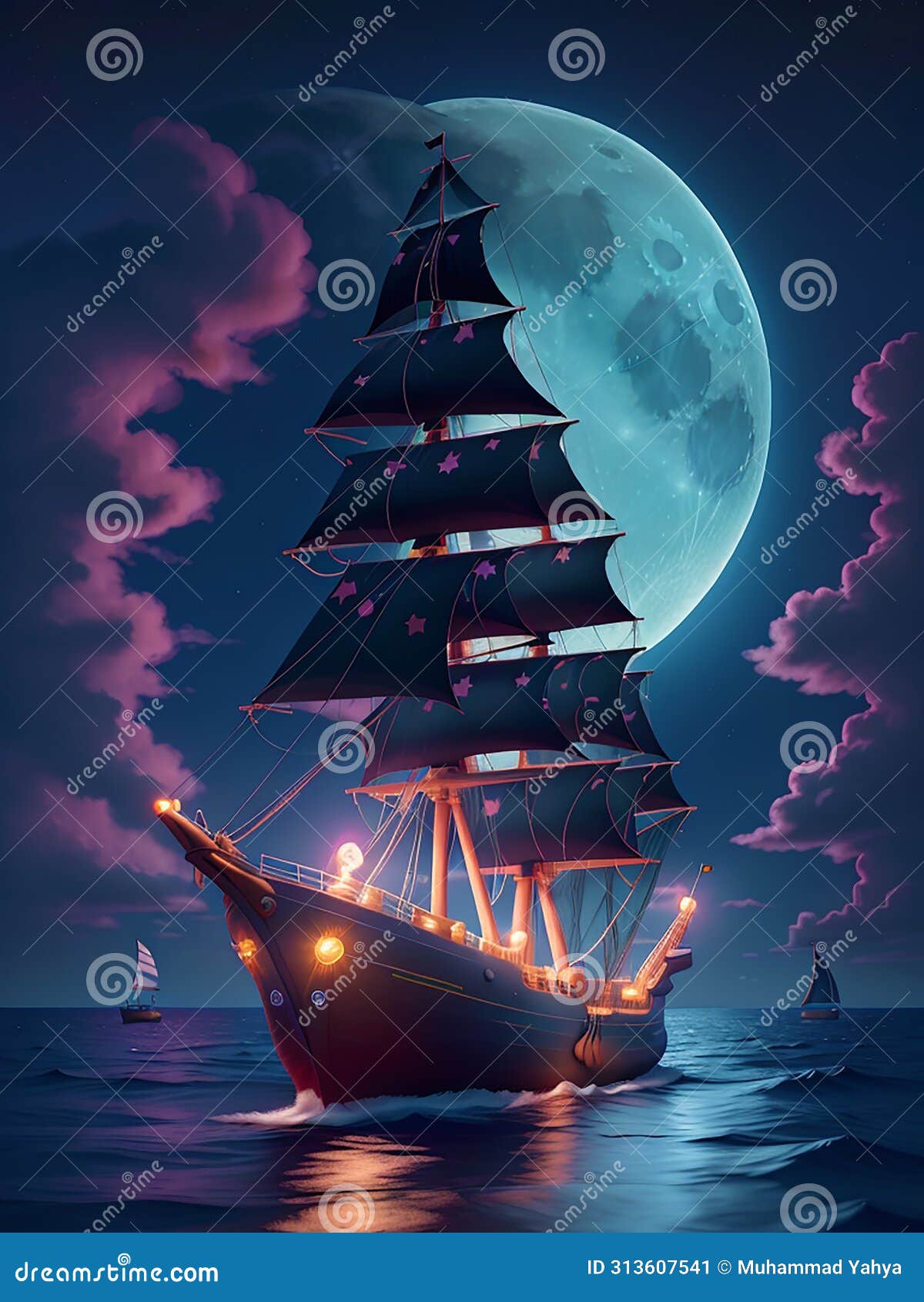 Neon Light Art, a Ship in the Dark of Night Stock Illustration ...