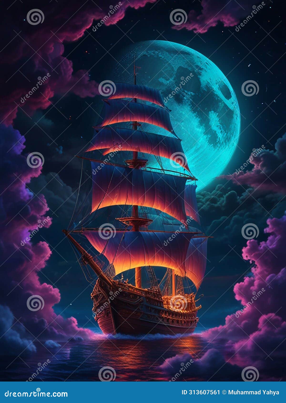 Neon Light Art, a Ship in the Dark of Night Stock Illustration ...