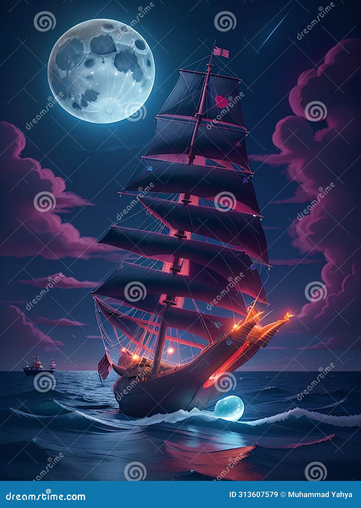 Neon Light Art, a Ship in the Dark of Night Stock Illustration ...