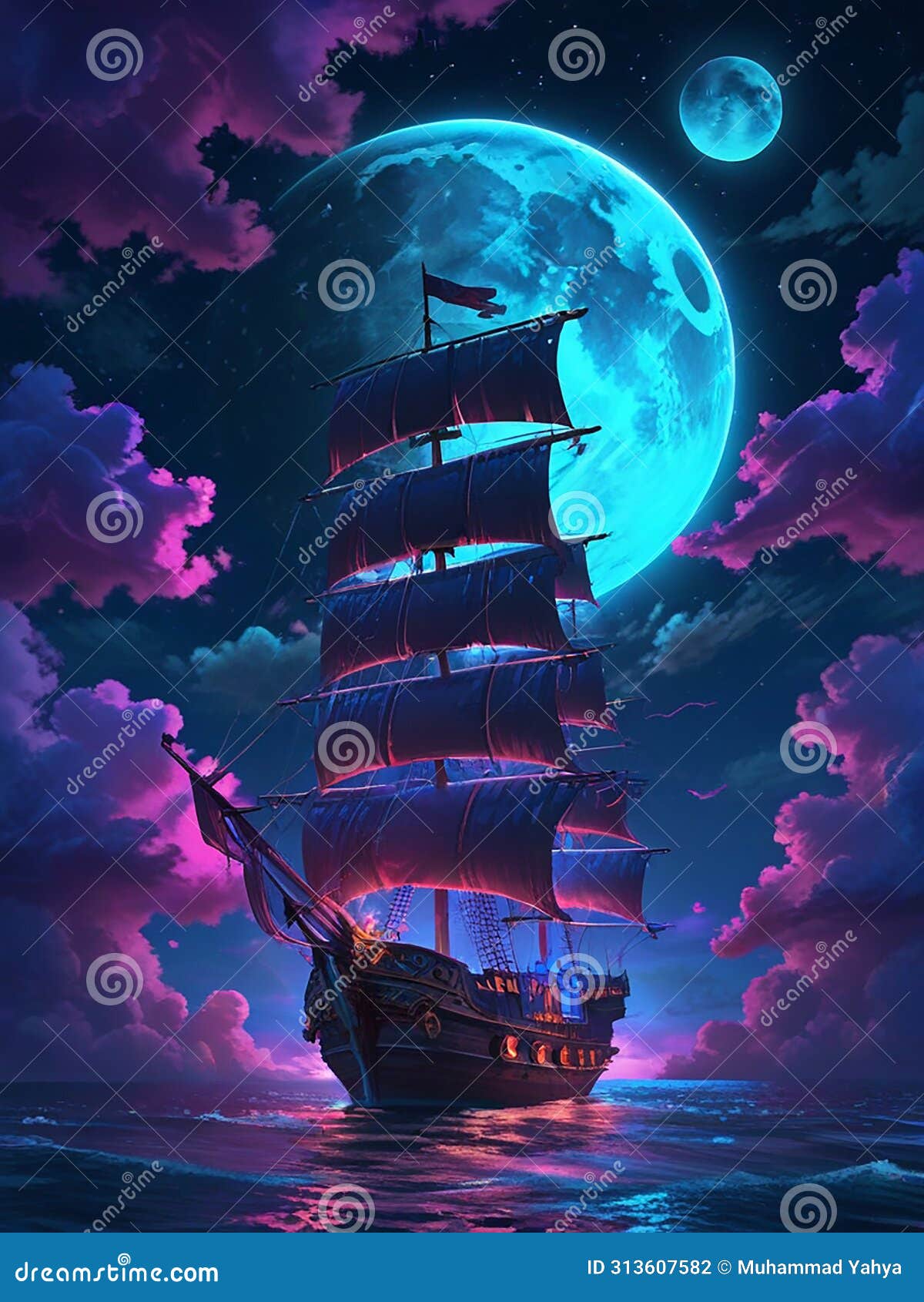 Neon Light Art, a Ship in the Dark of Night Stock Illustration ...