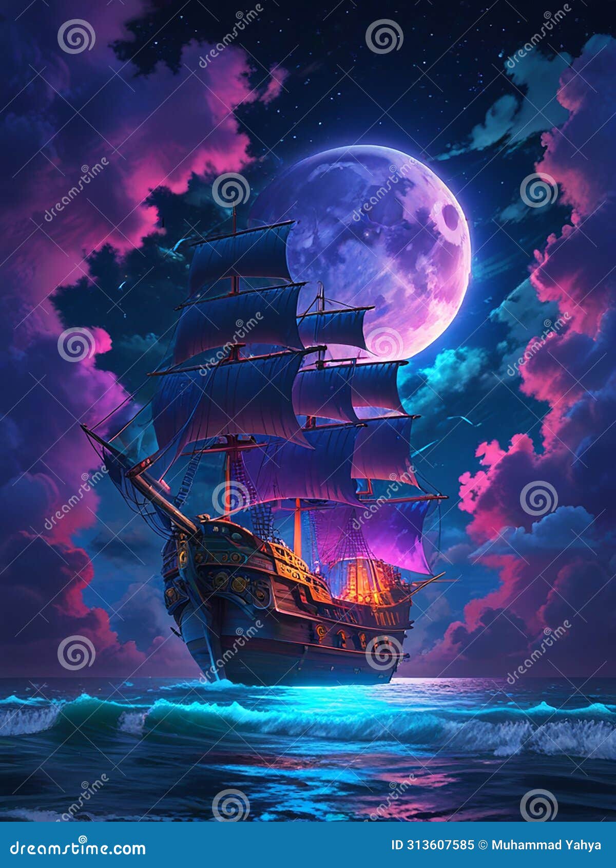 Neon Light Art, a Ship in the Dark of Night Stock Illustration ...