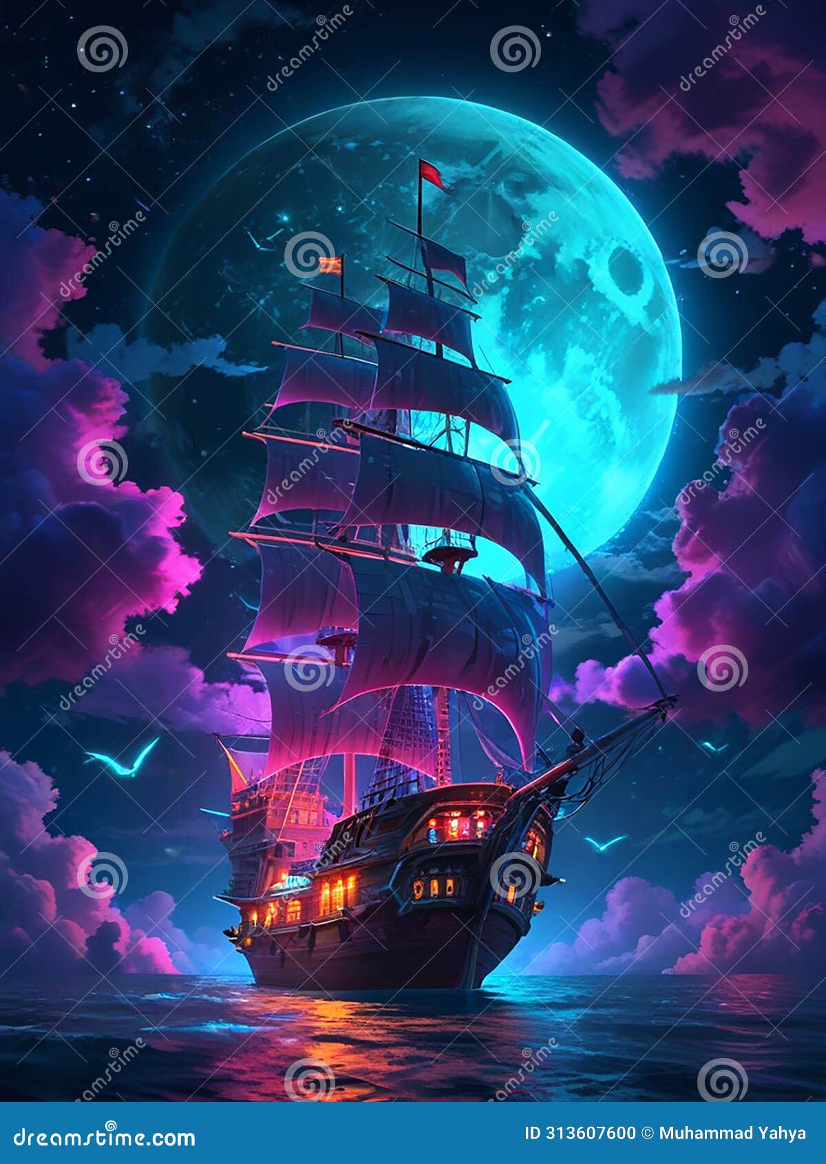 Neon Light Art, a Ship in the Dark of Night Stock Illustration ...