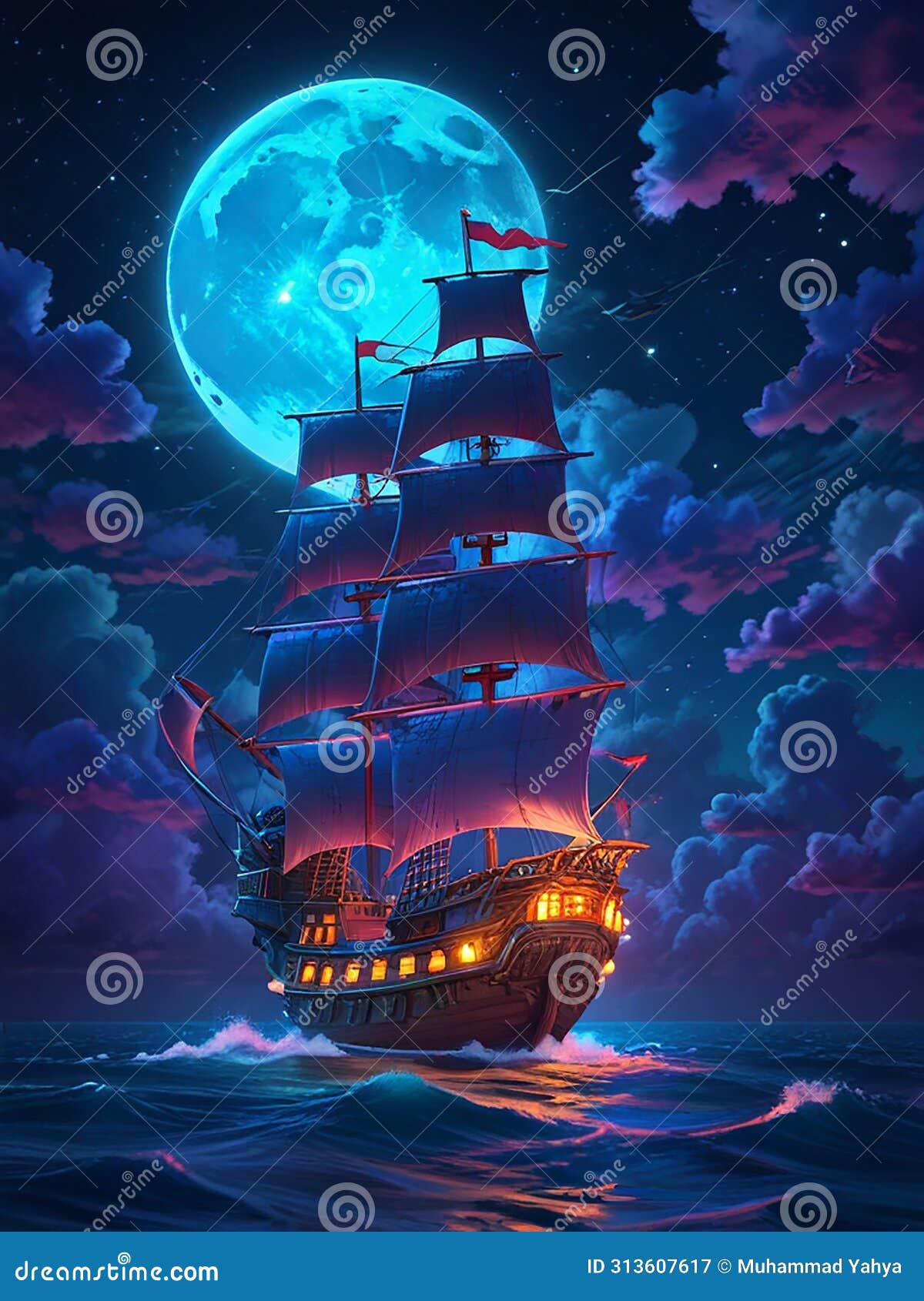 Neon Light Art, a Ship in the Dark of Night Stock Illustration ...