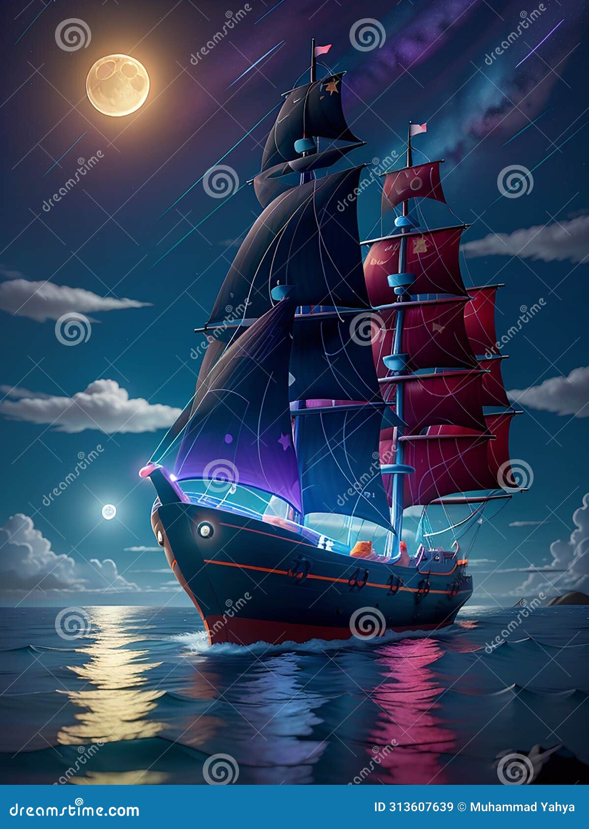 Neon Light Art, a Ship in the Dark of Night Stock Illustration ...