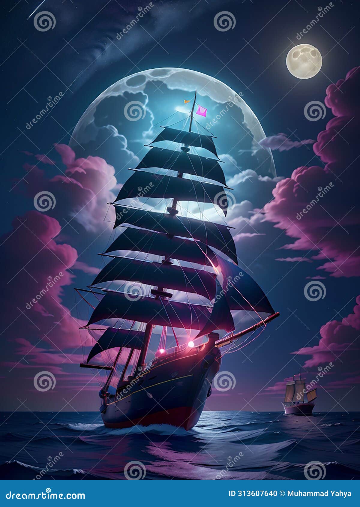 Neon Light Art, a Ship in the Dark of Night Stock Illustration ...