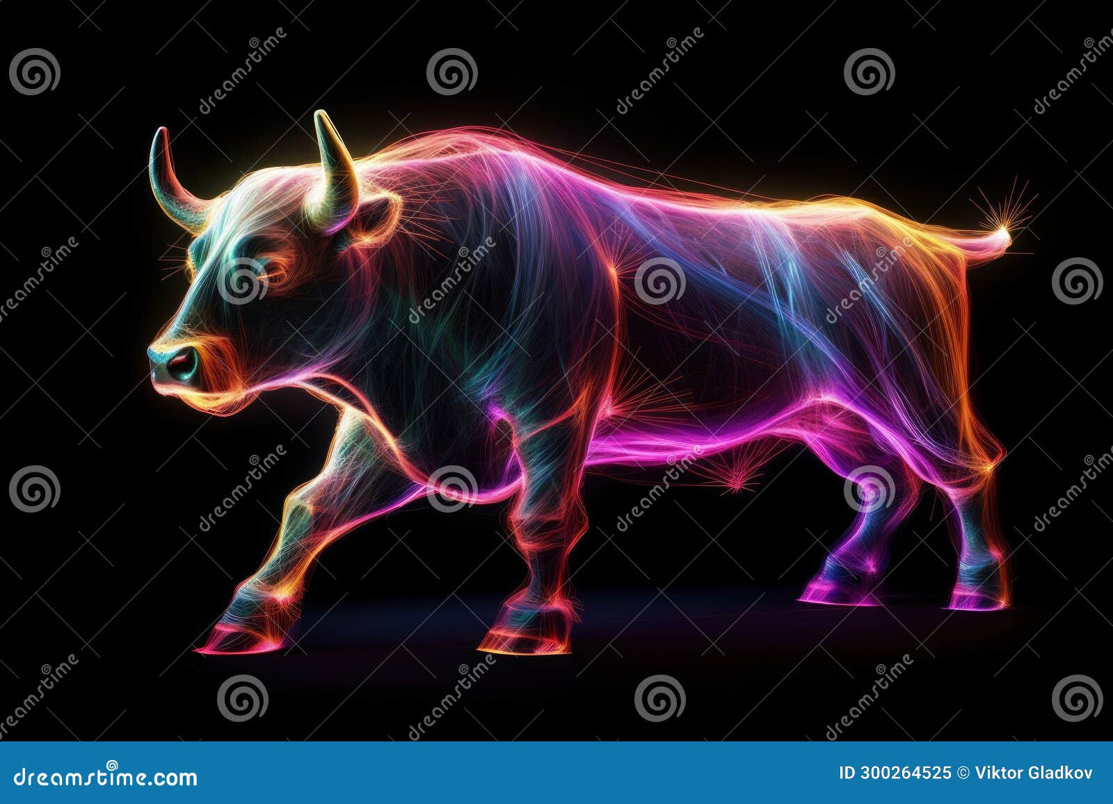 Neon Light Bull in Motion. Generative AI Stock Illustration ...