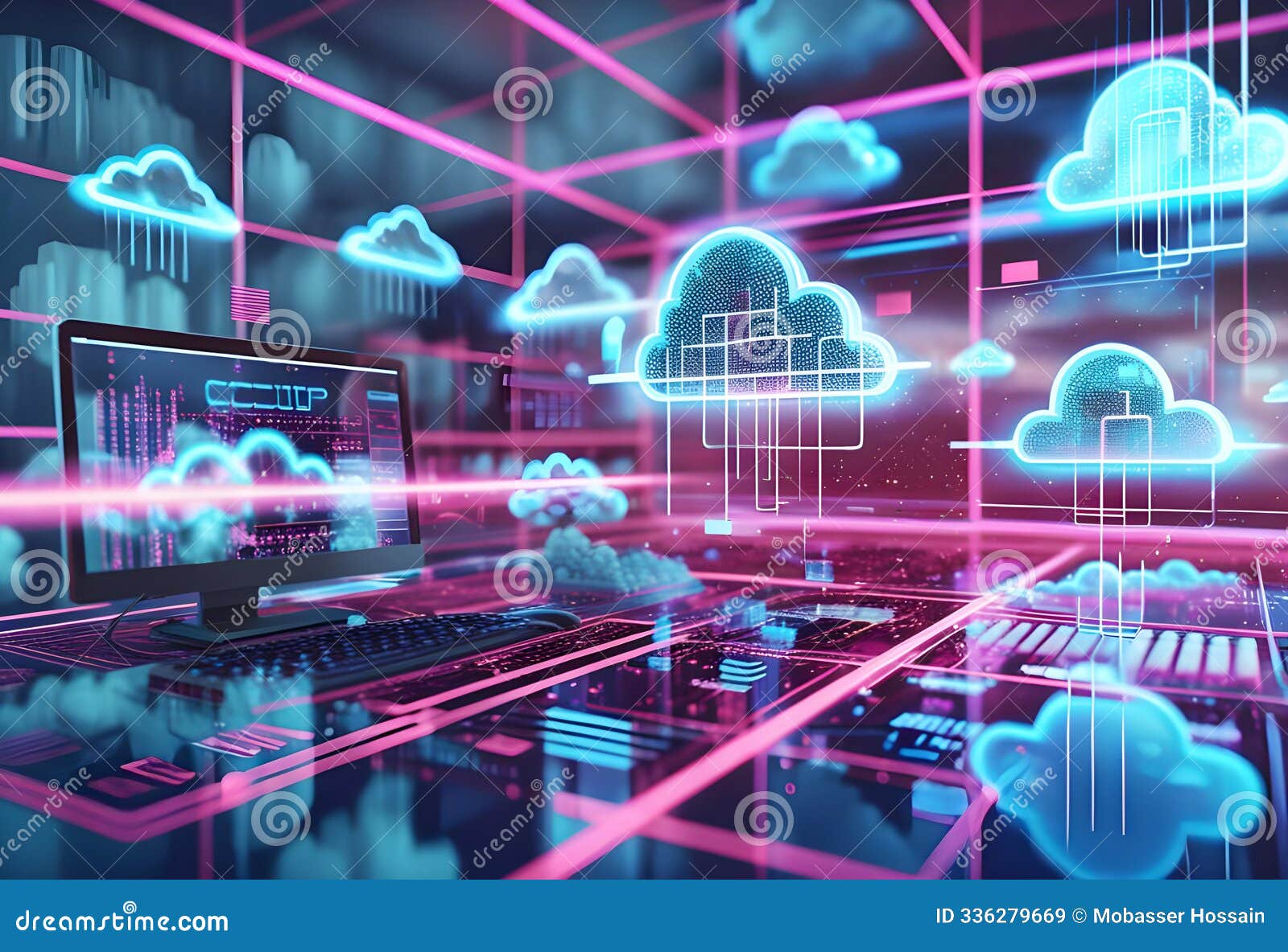 Neon Light Cloud Computing Futuristic Technology Stock Illustration - Illustration of code ...