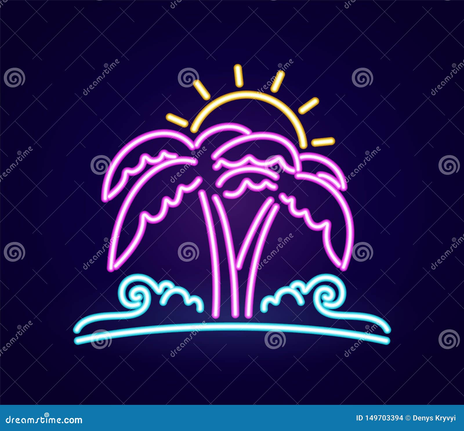 Neon Light 3d Beach Icon. Palm Tree with Sun and Ocean Wave Stock ...