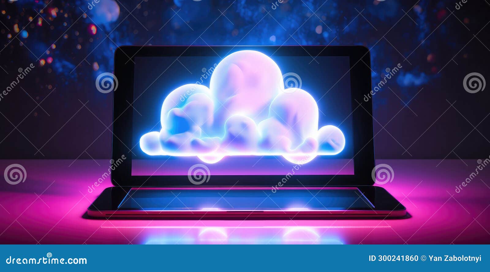 Neon Light Depicts Cloud Computing on a Tablet Stock Illustration - Illustration of digital ...
