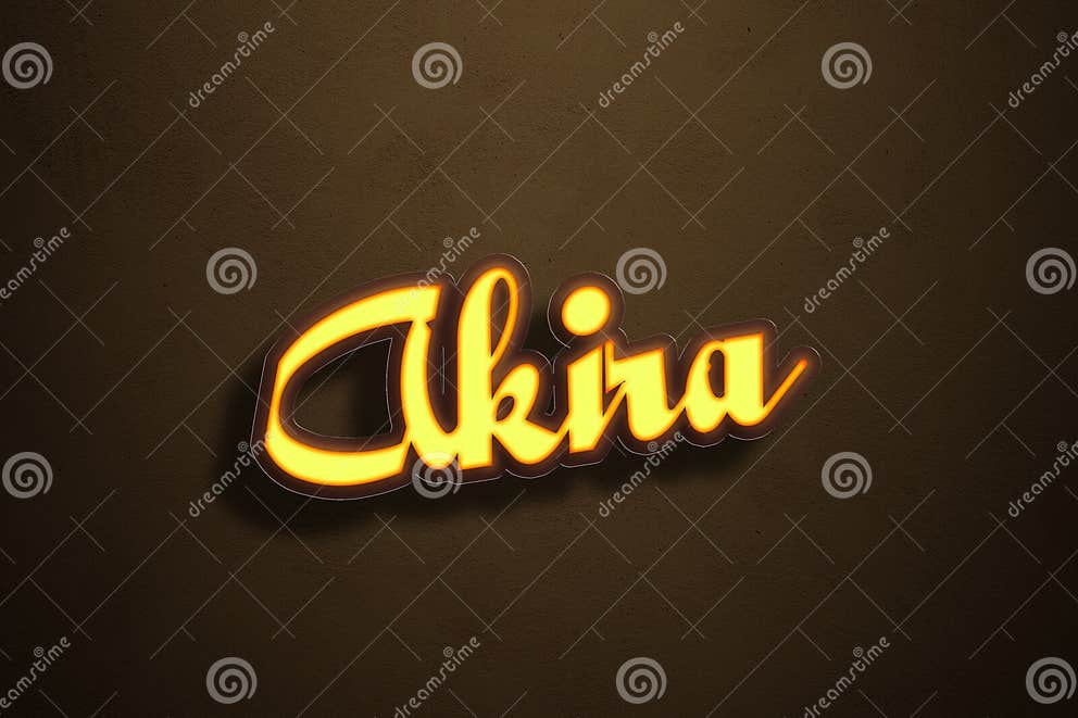 Yellow Neon Light Text Effect of Name Akira on Golden Background Stock ...