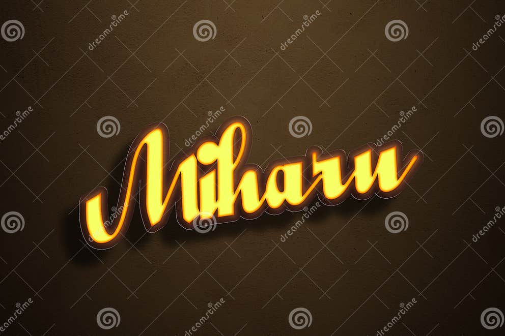 Yellow Neon Light Text Effect of Name Miharu on Golden Background Stock ...