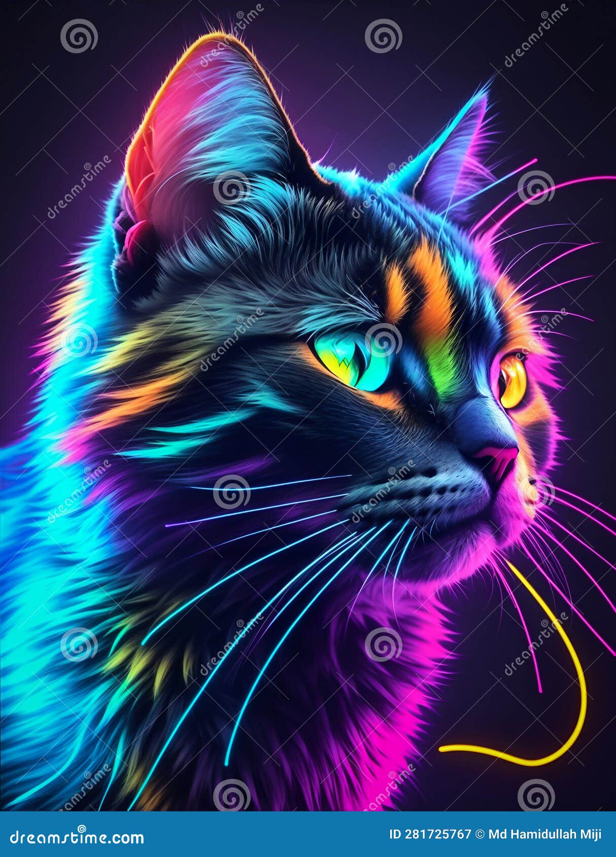 Neon Light Effect Cat with Generative AI Stock Illustration ...
