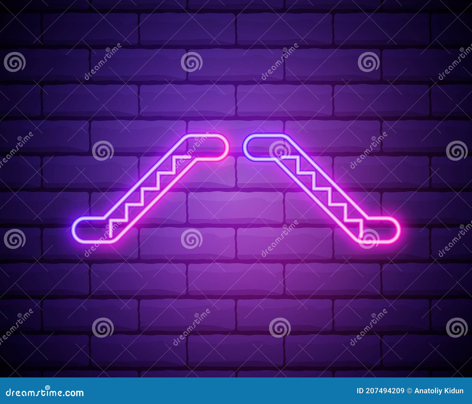 Neon Light. Escalator Staircase Icon. Elevator Moving Stairs Down and ...