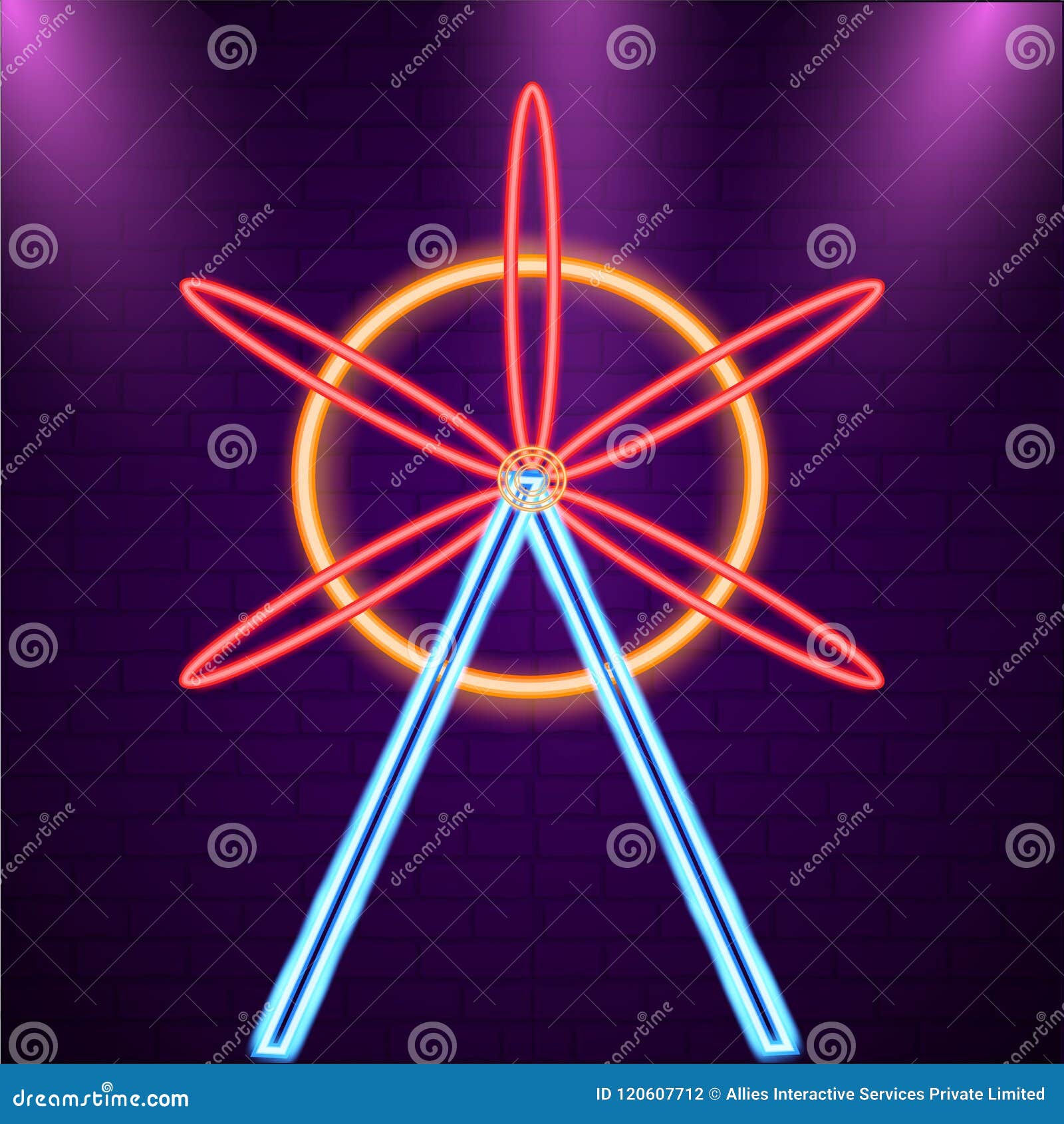 Neon Light Ferris Wheel Symbol with Purple Brick Wall. Stock ...