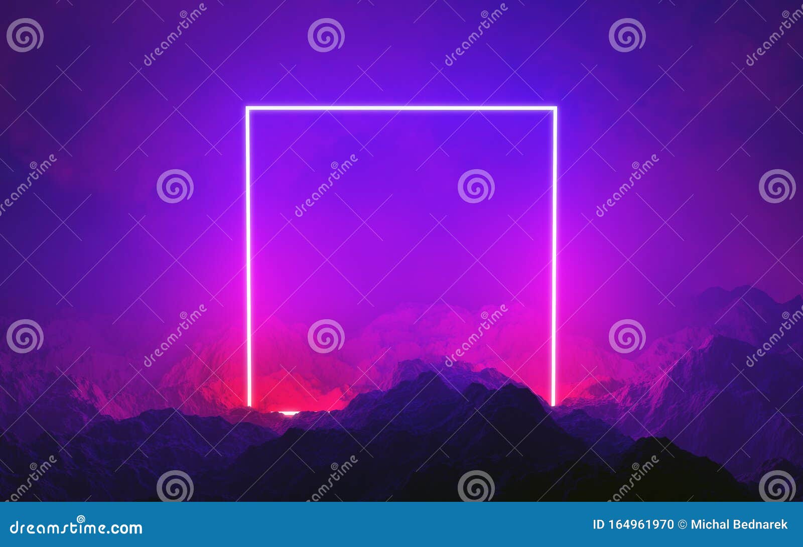 Neon Light Frame Glowing in Rocks. Energy Square, Show Stock Photo ...