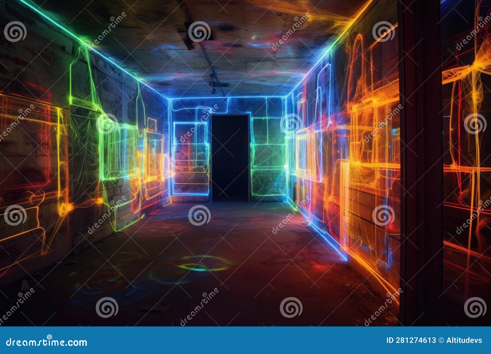 Neon Light Installation Glowing in a Dark Room Stock Illustration ...