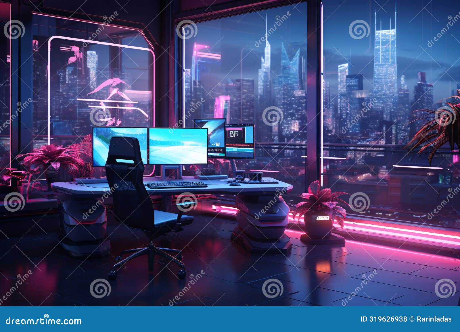 A Neon Light Modern Computer Setup with Monitors Overlooks a City ...