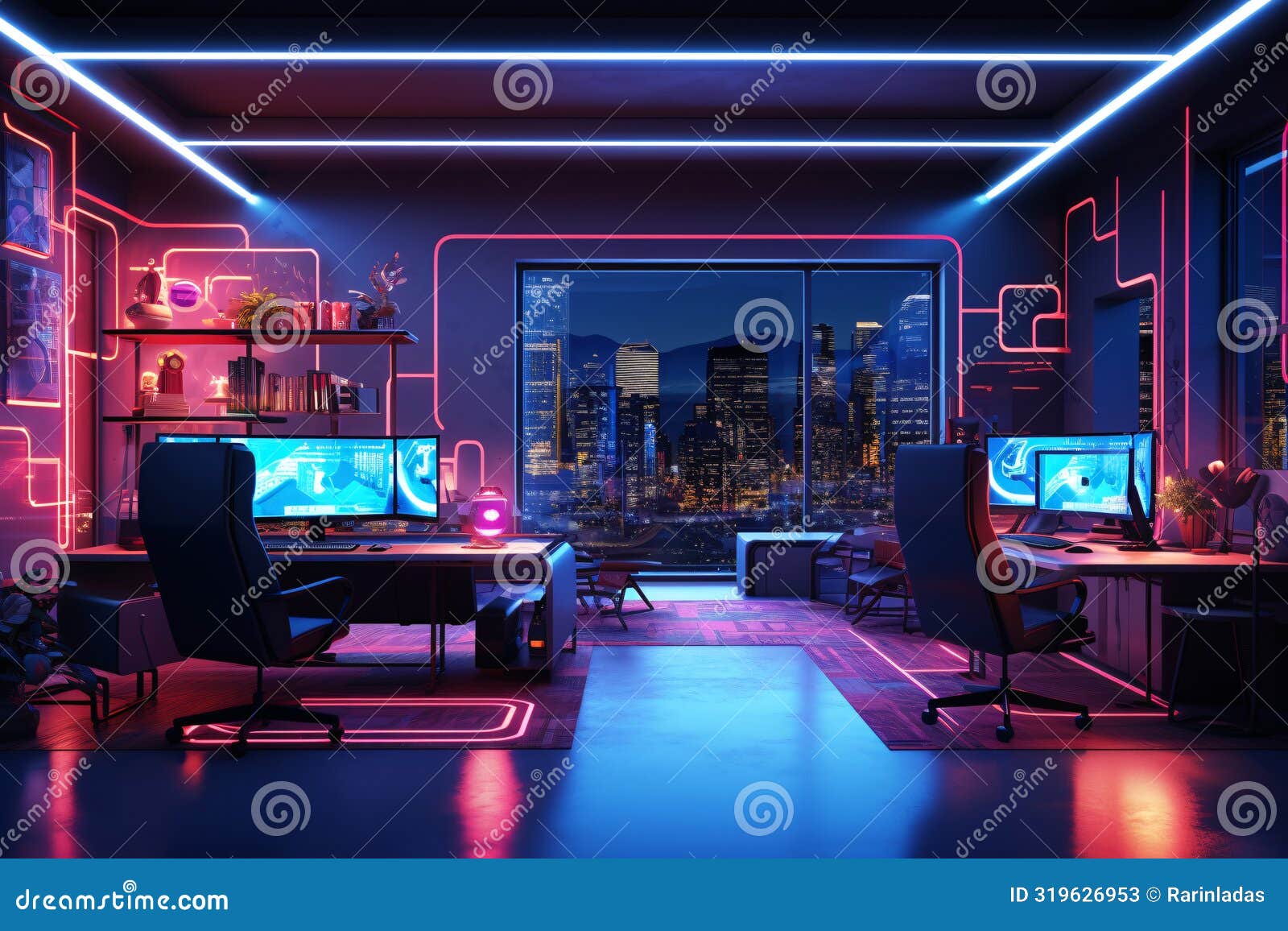 A Neon Light Modern Computer Setup with Monitors Overlooks a City ...