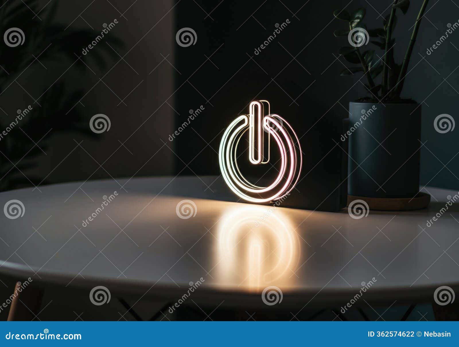 Neon Light Power Symbol on Table in Dimly Lit Room with Plants Stock ...