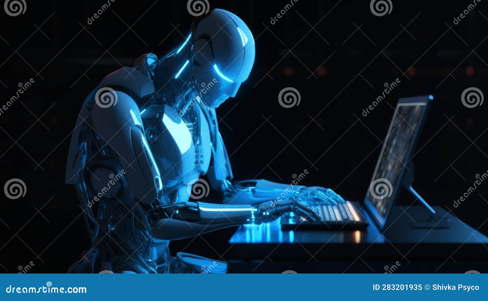 Neon Light Robot Typing on Computer Stock Illustration - Illustration ...