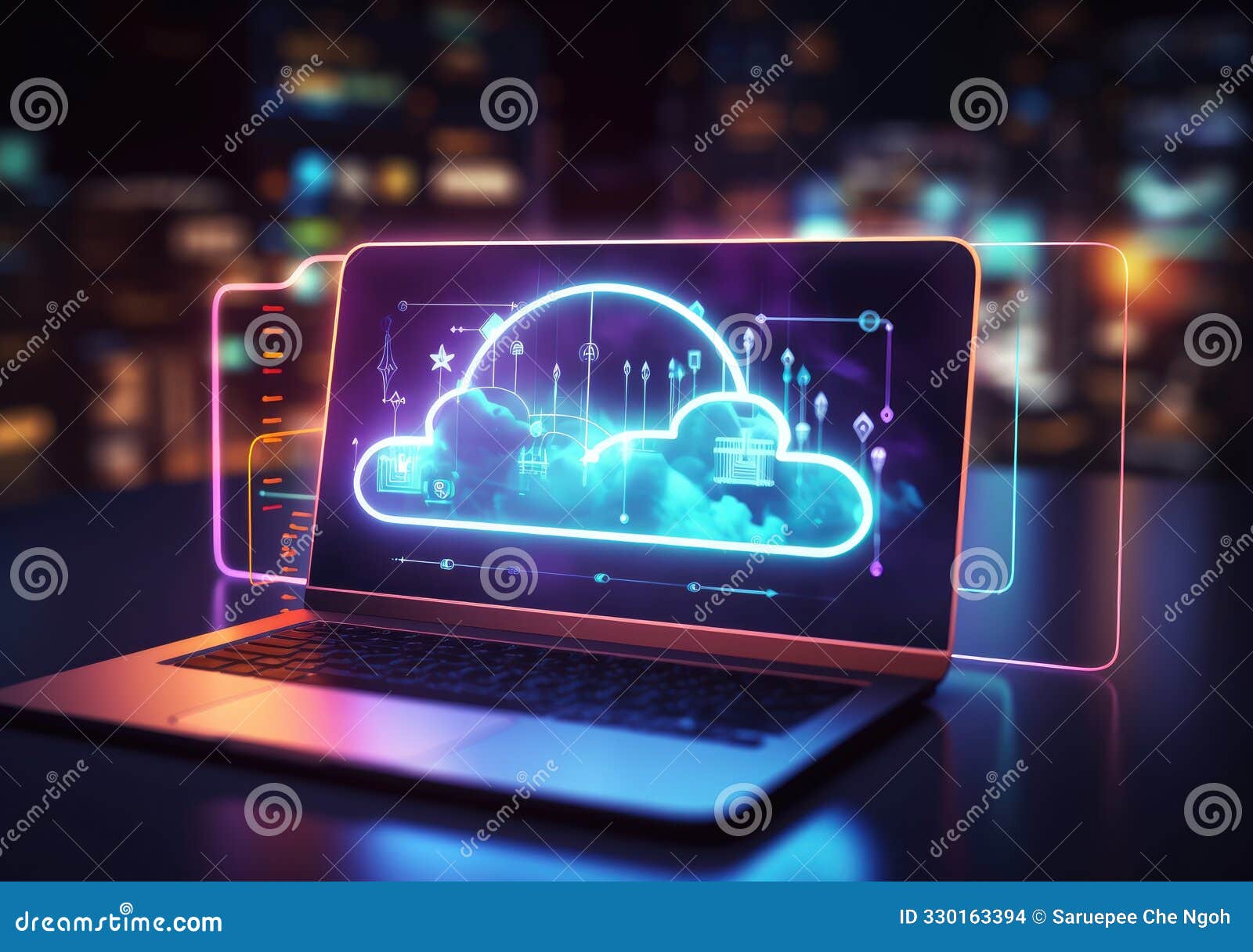 Neon Light Showing Cloud Computing on Tablet Computer Neon Light ...