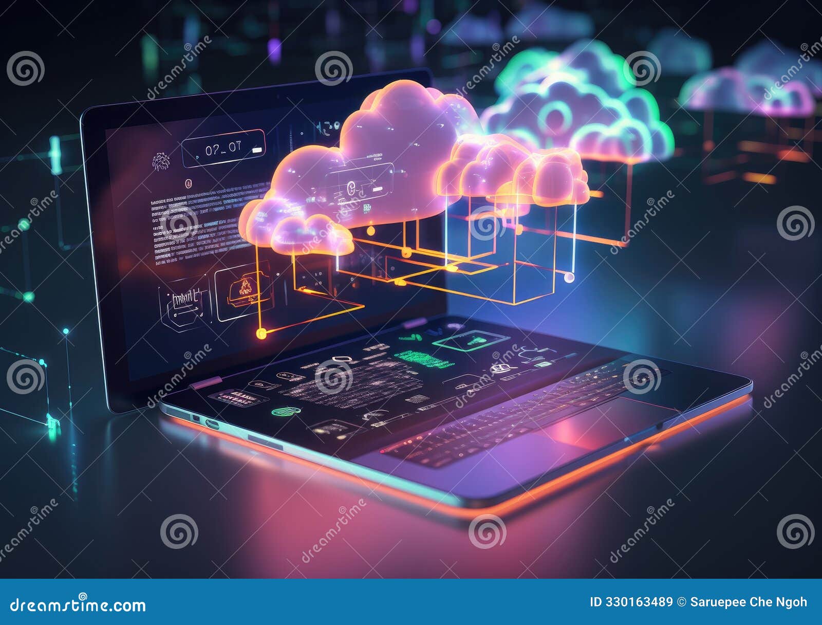 Neon Light Showing Cloud Computing on Tablet Computer Neon Light ...
