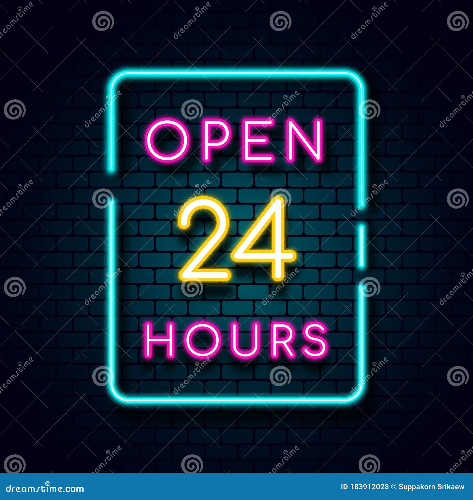 Neon Light Sign Open 24 Hours Banner Design on Brick Wall Stock ...