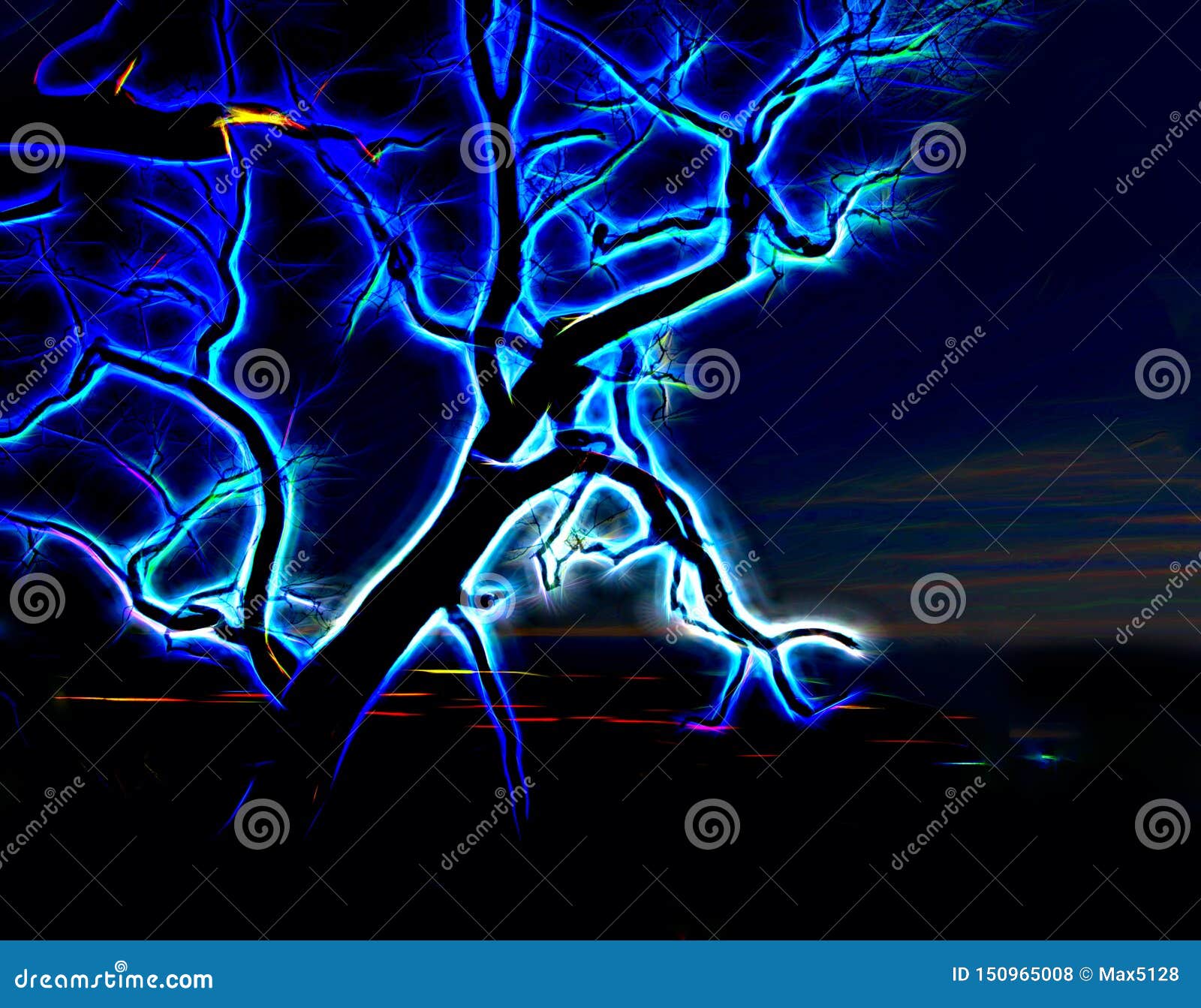 Neon Light Tree on Black Background Stock Photo - Image of promote ...