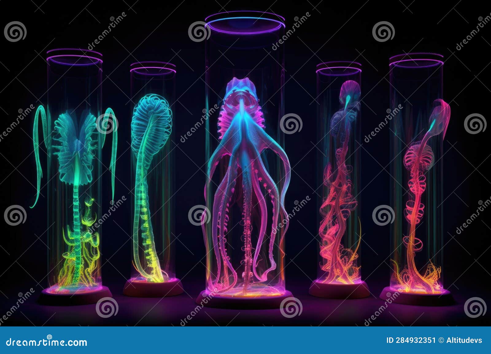 Neon Light Tubes Mimicking Deep-sea Creatures Stock Illustration ...