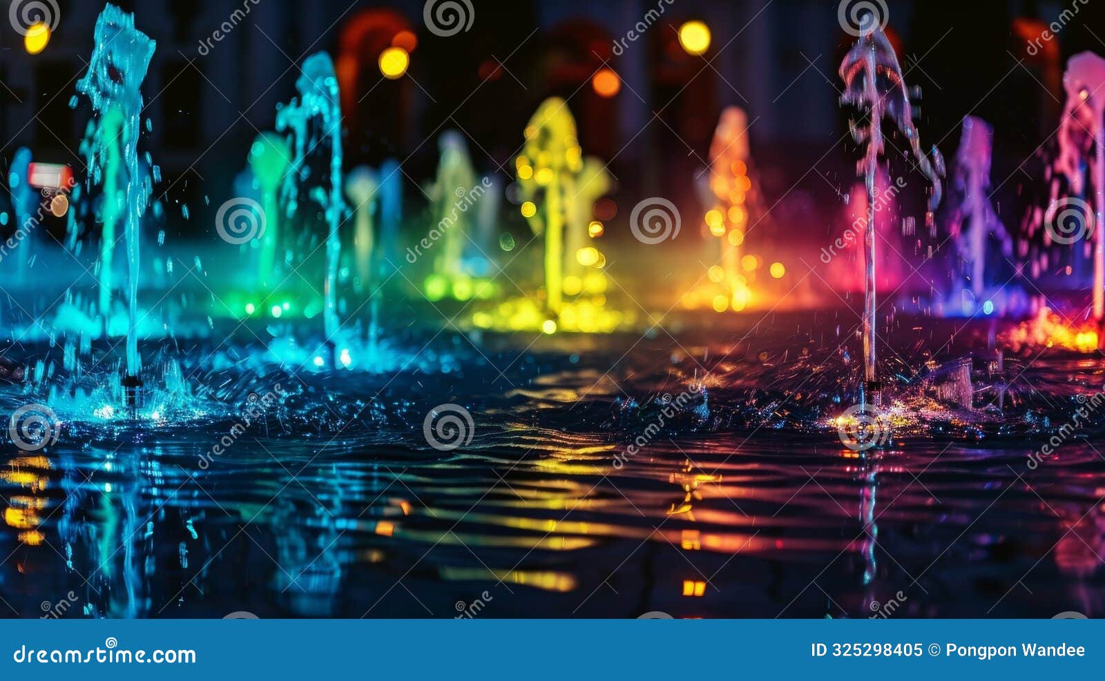 Neon Light Water Fountains at Night Stock Illustration - Illustration ...