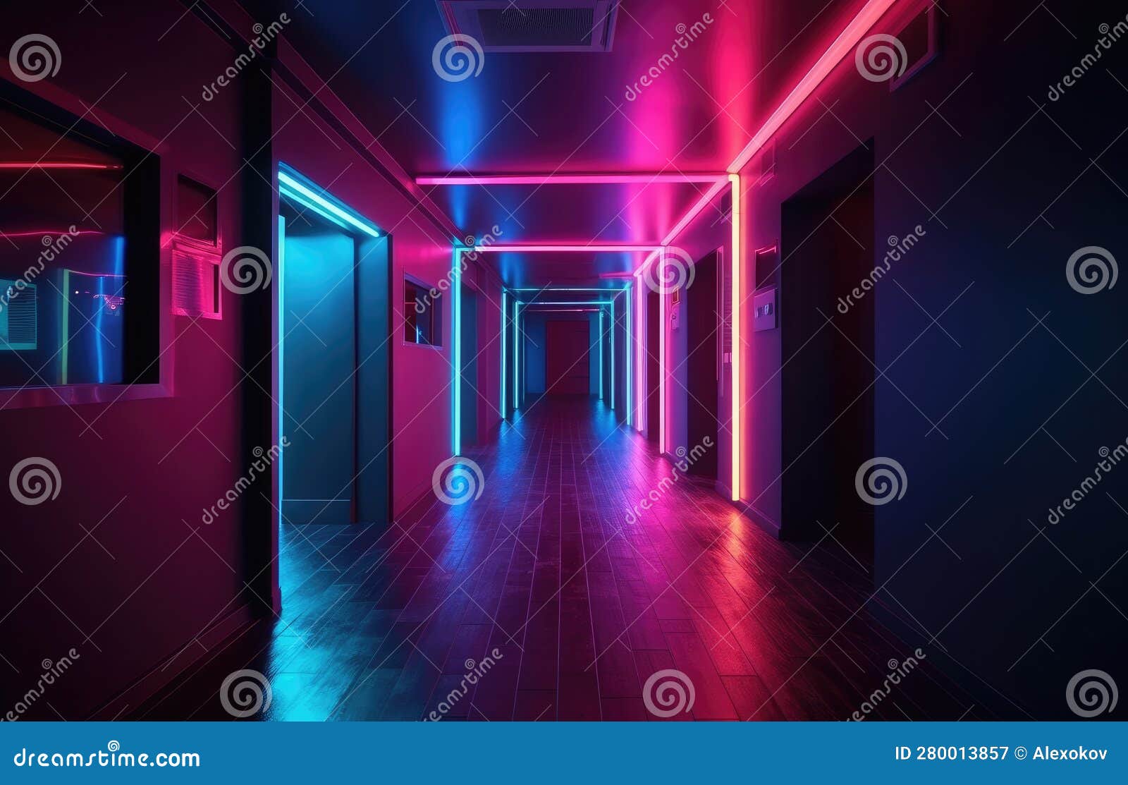 Neon Lighted Hallway with Maroon and Azure Elements for a Simplified ...