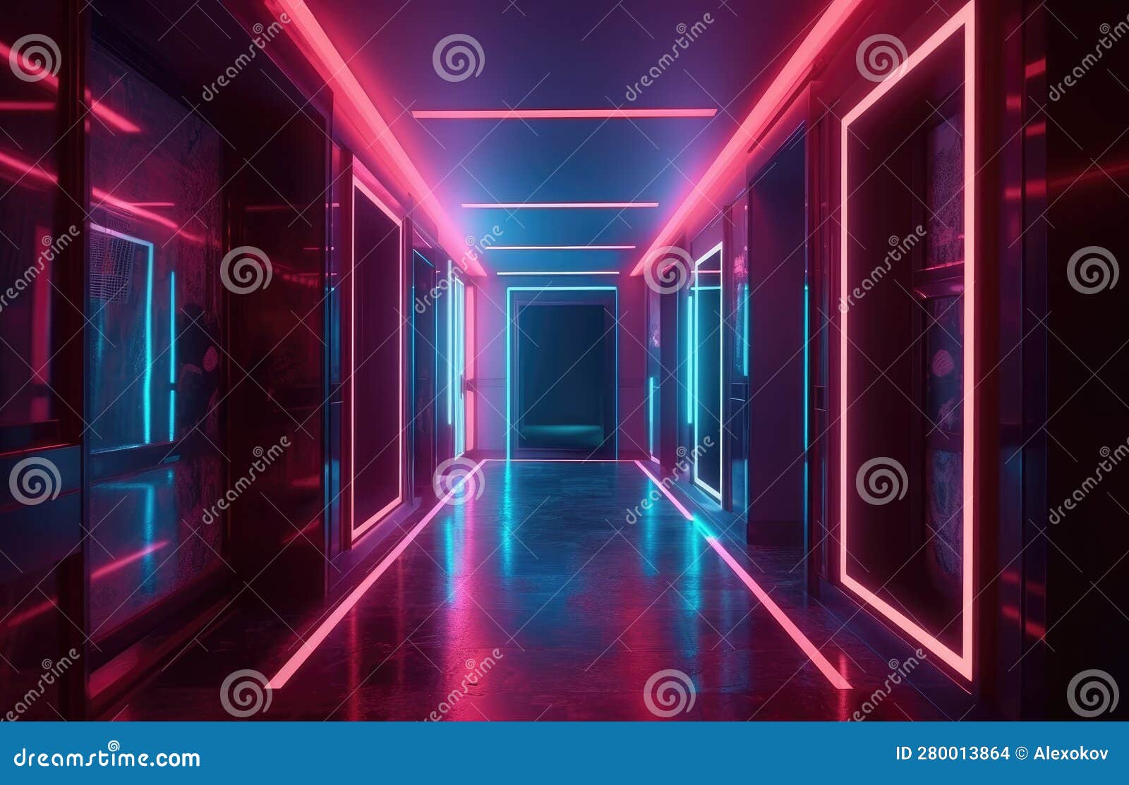 Neon Lighted Hallway with Maroon and Azure Elements for a Simplified ...
