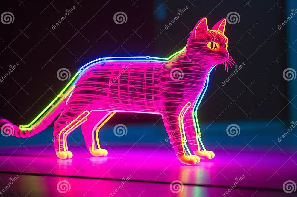 A Neon Lighted Sculpture of a Cat Stock Illustration - Illustration of ...