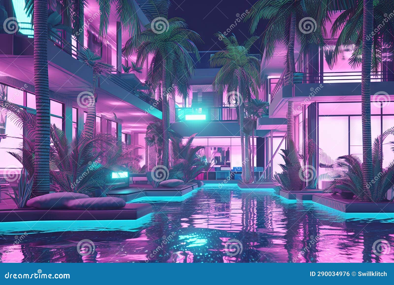 Neon Lightened Hotel Lobby in Synthwave Style. Blue and Purple Hotel ...